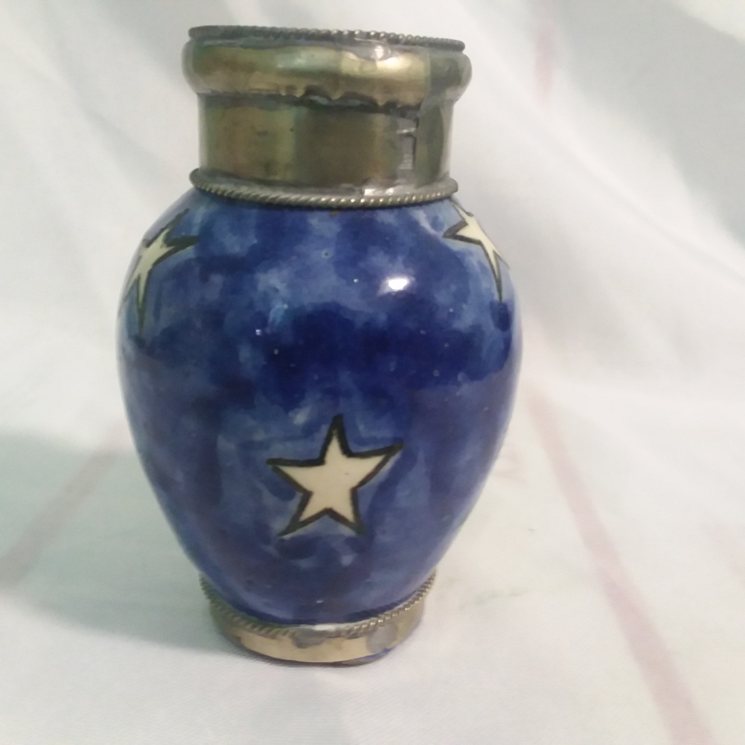 Small blue star pottery vase looks Arabic by design M or W mark help ...
