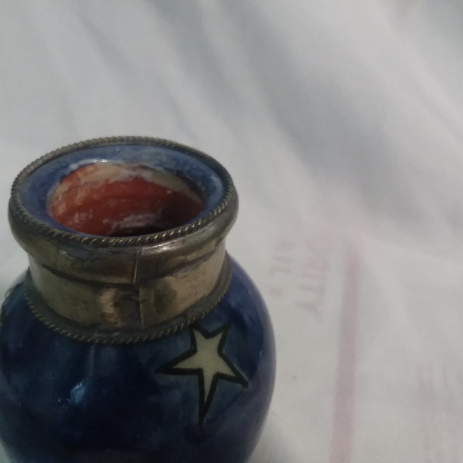 Small blue star pottery vase looks Arabic by design M or W mark help ...