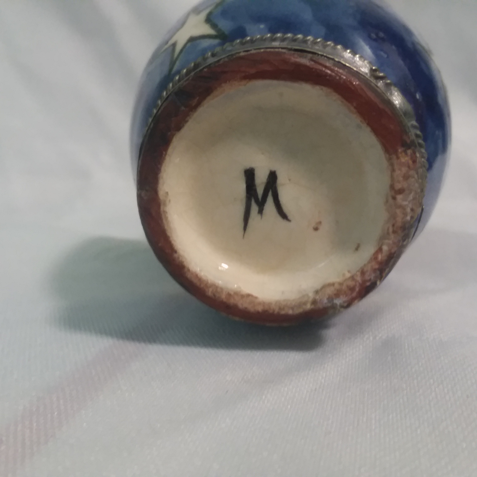 Small blue star pottery vase looks Arabic by design M or W mark help ...