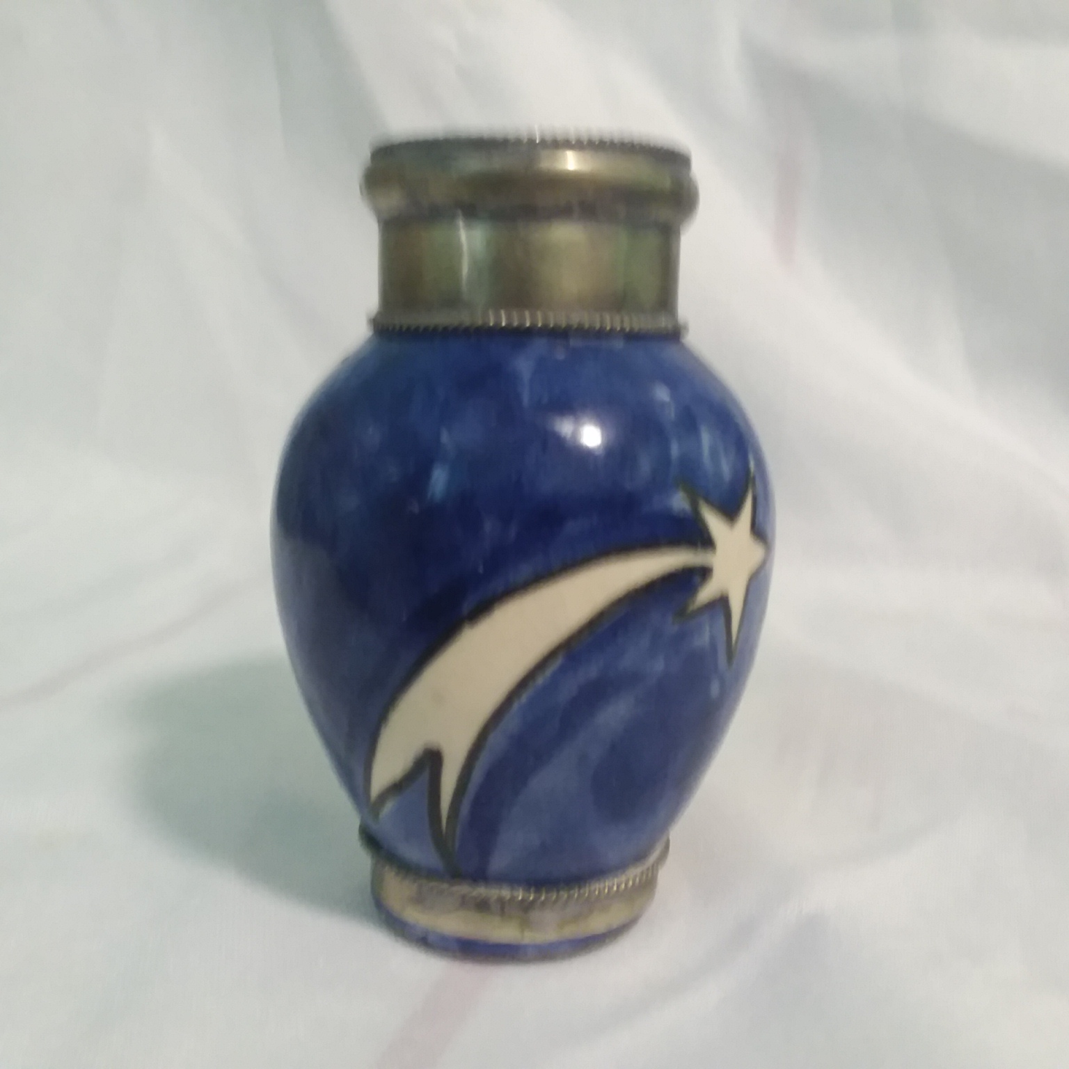 Small blue star pottery vase looks Arabic by design M or W mark help ...