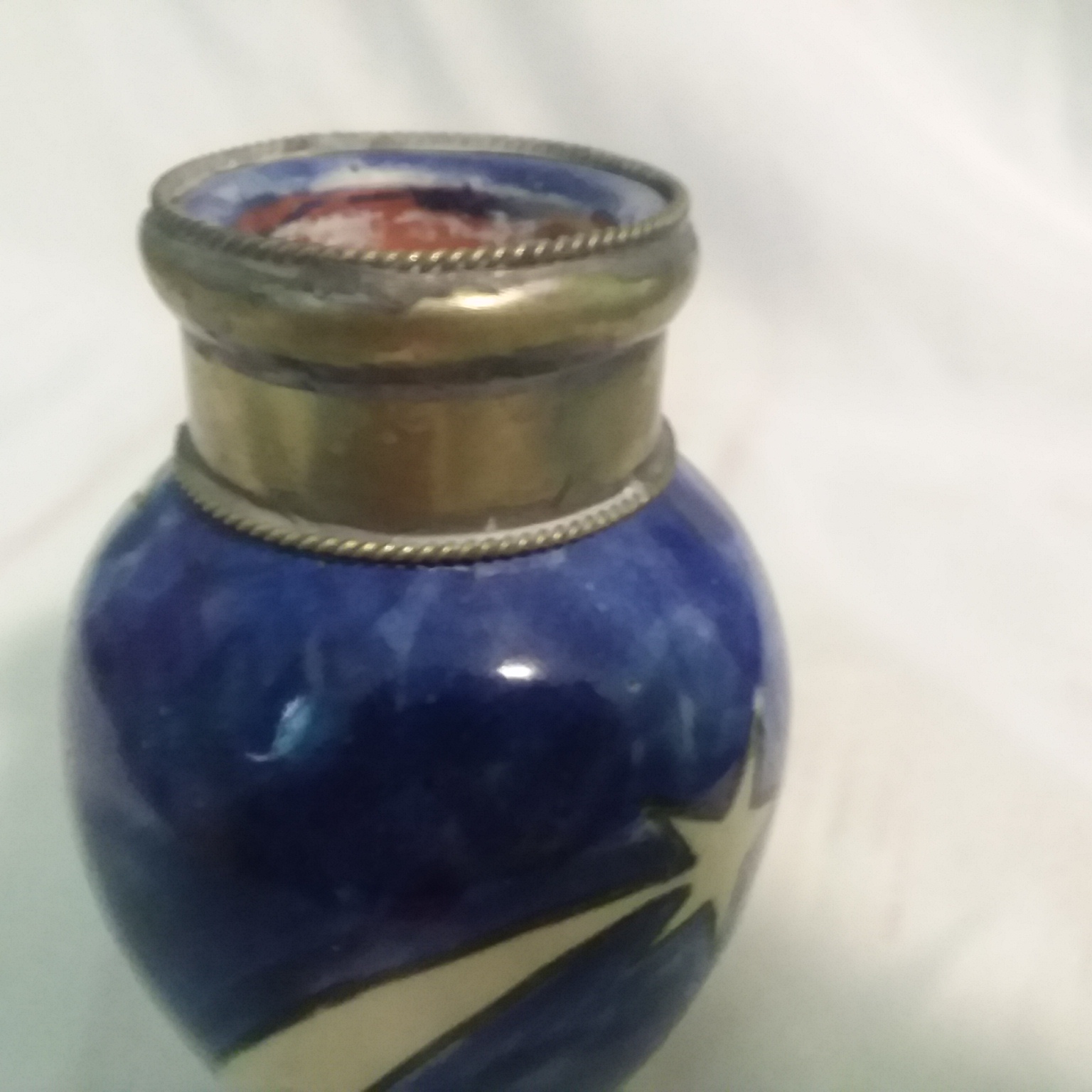 Small blue star pottery vase looks Arabic by design M or W mark help ...