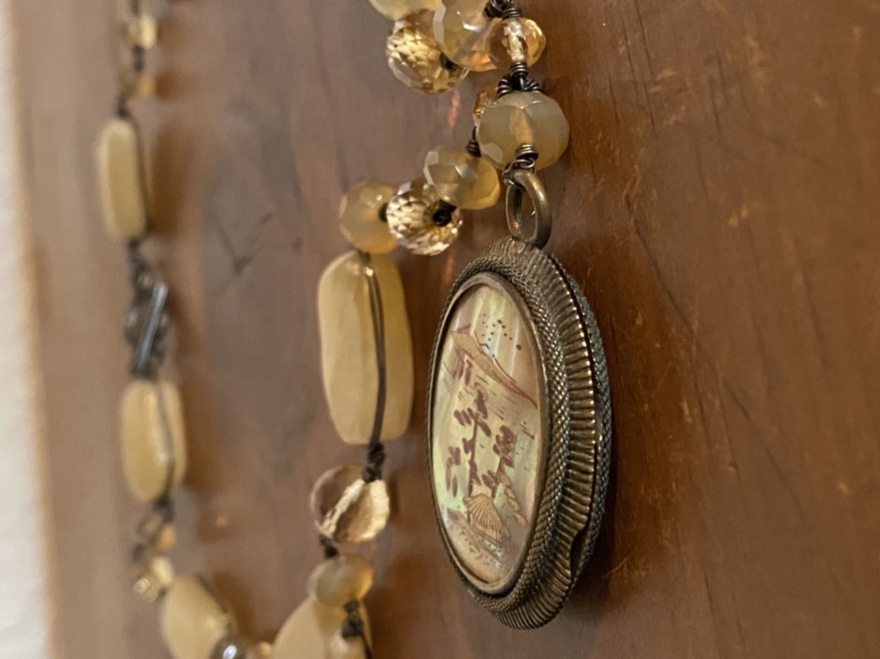 Japanese? Chinese? Damascene on Pearl Locket with stones necklace ...