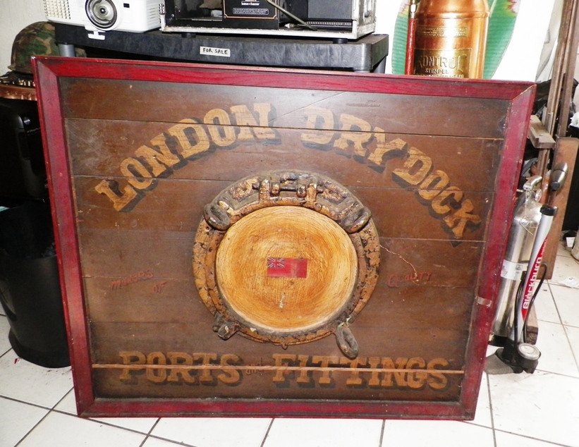 LARGE 49 x 37 WOODEN LONDON DRY DOCKS SIGN w/WOOD PORTHOLE - REAL ...