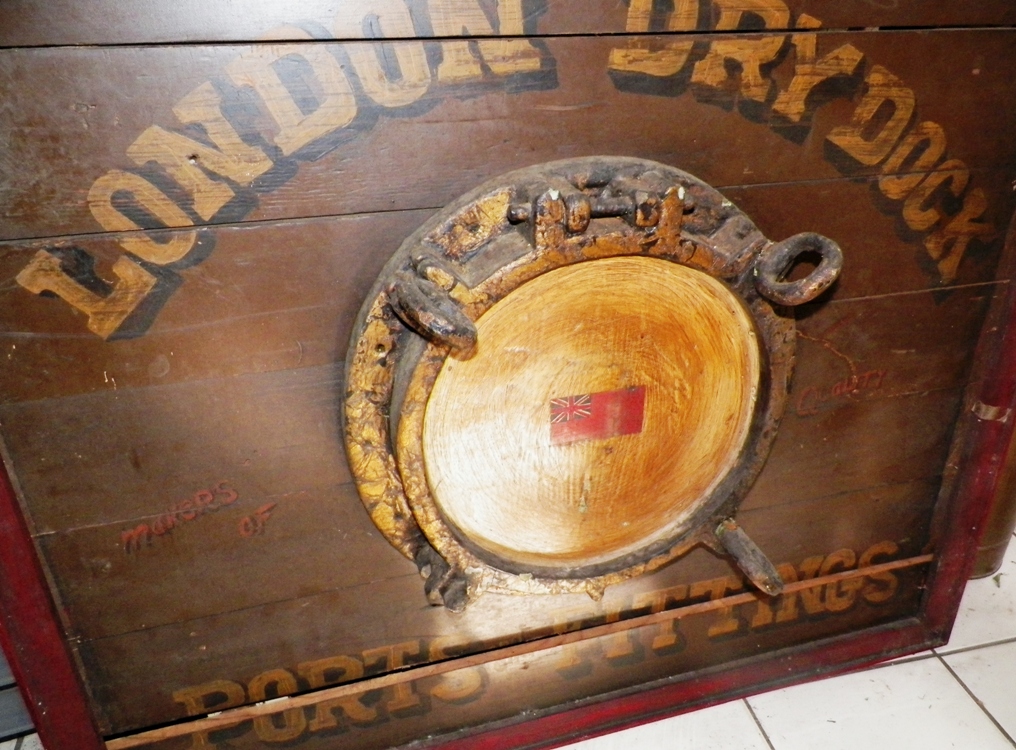 LARGE 49 x 37 WOODEN LONDON DRY DOCKS SIGN w/WOOD PORTHOLE - REAL ...
