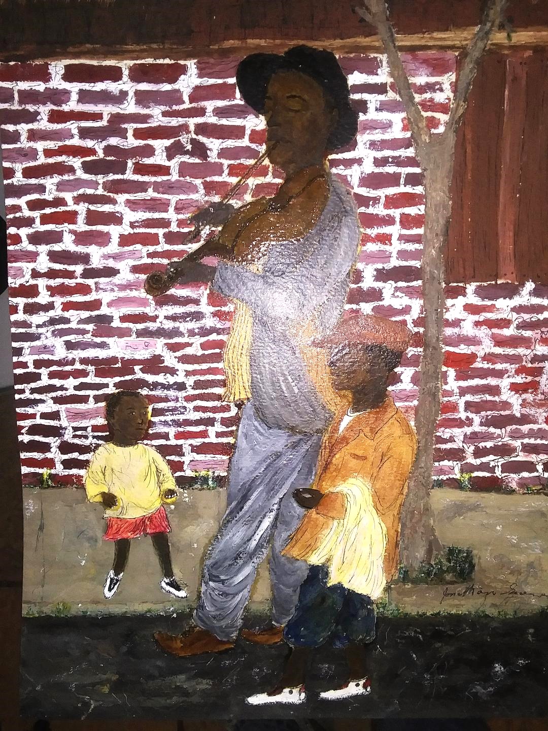 2 Paintings - black folk art(?) signed Jonathan Greene = Jonathan Green ...