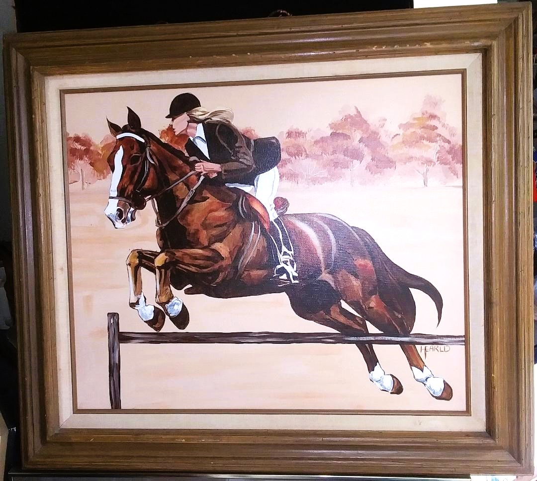 Unusual painting of beautiful horse jumping w/faceless woman rider ...