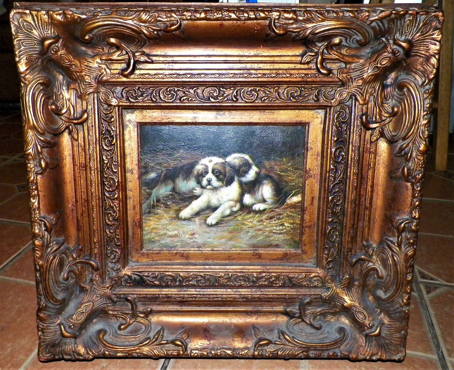 Small painting in Big frame of puppies signed Webber | Antiques Board