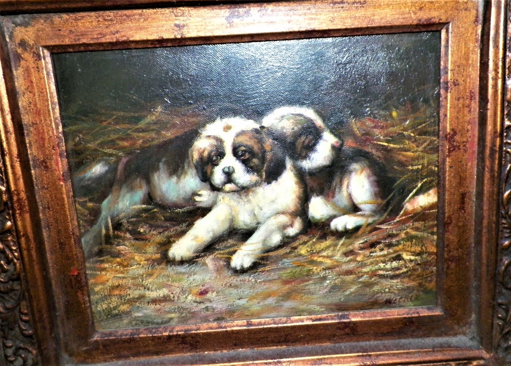 Small painting in Big frame of puppies signed Webber | Antiques Board