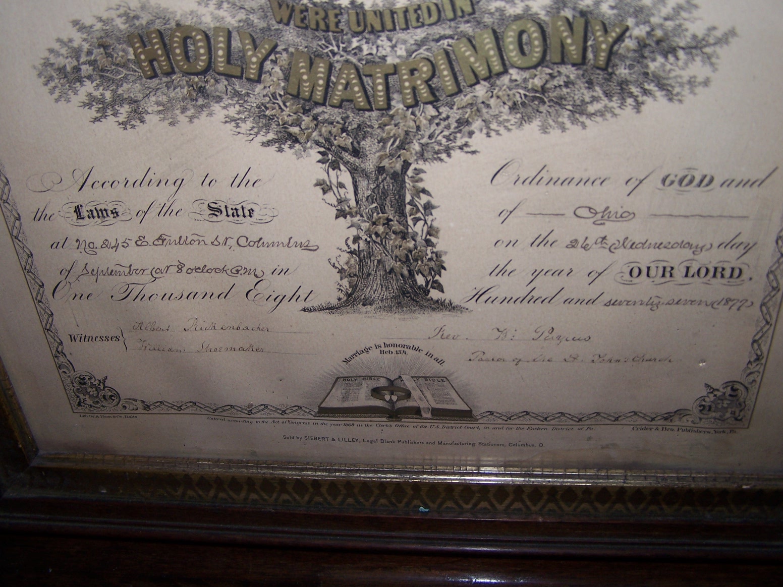 Framed antique wedding certificate, 1877 | Antiques Board
