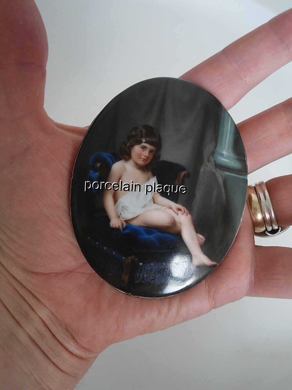 antique hand painted boy/girl portrait miniature/plaque on porcelain ...