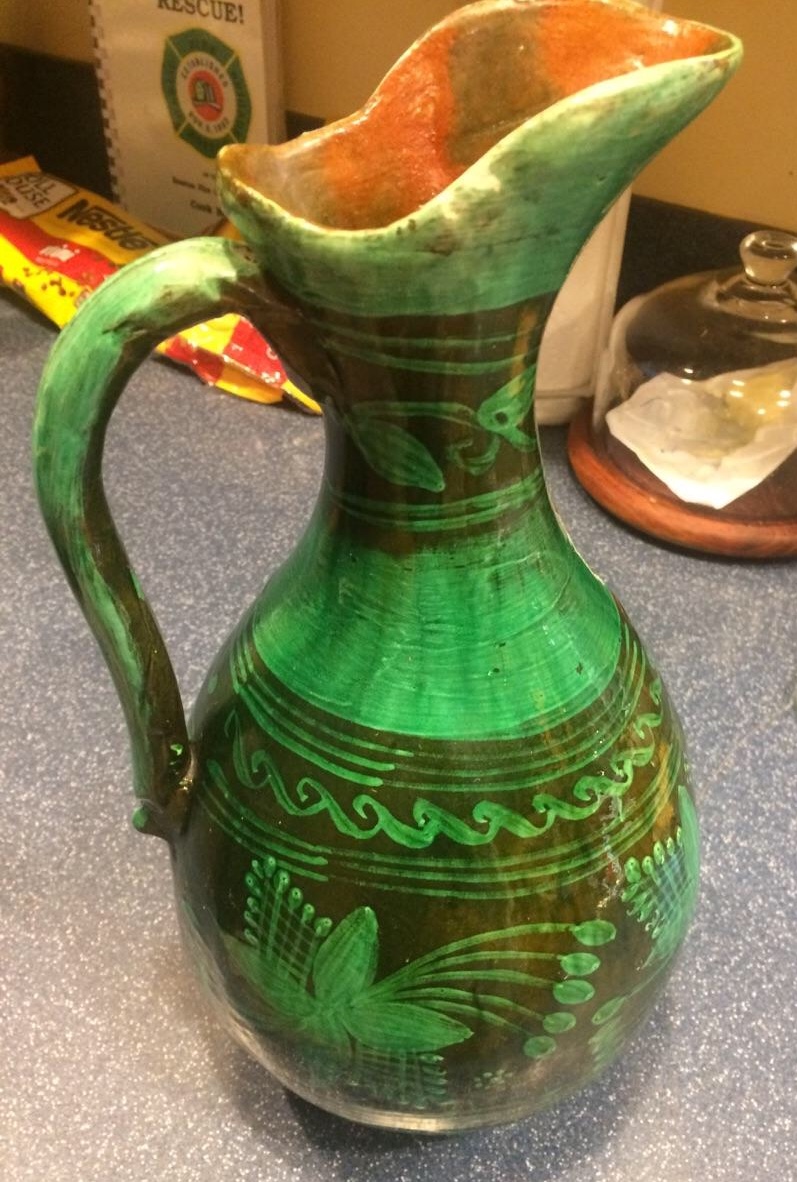 Green lead glazed terra-cotta jug. | Antiques Board