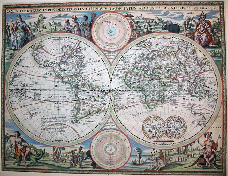 Double World Hemisphere Map Circa 1660 | Antiques Board