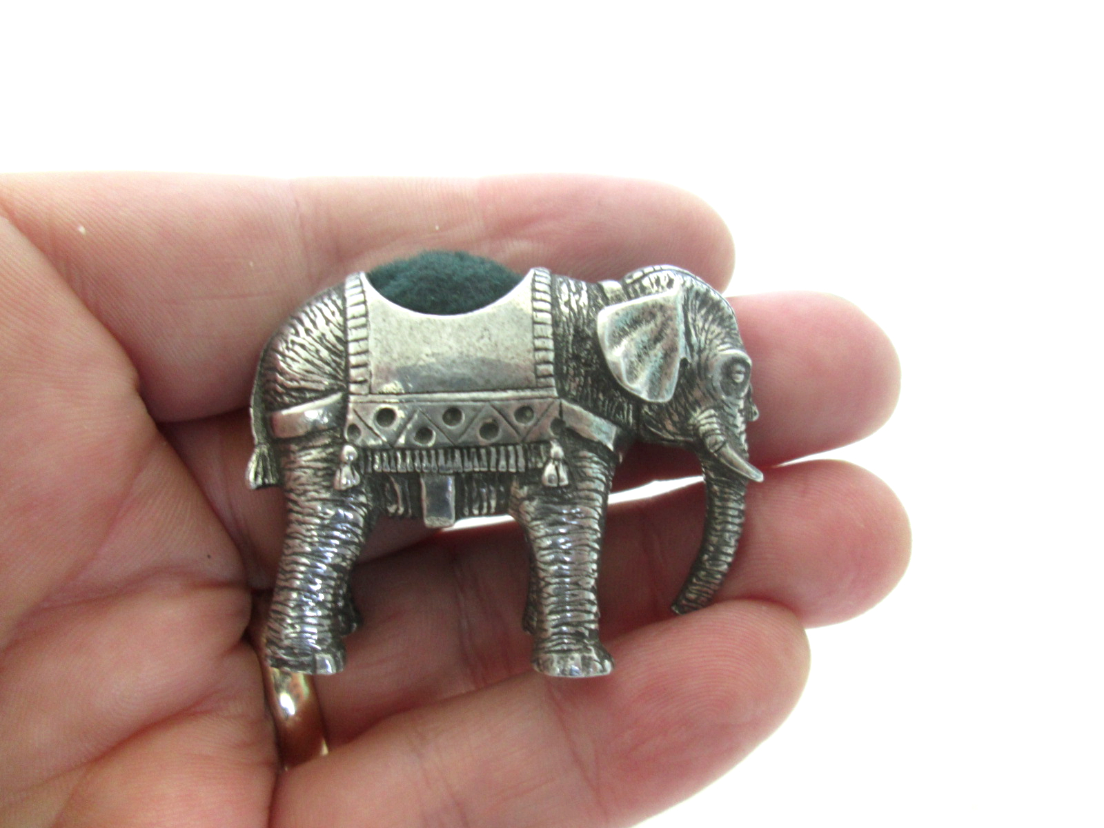 White metal elephant pin cushion | Antiques Board