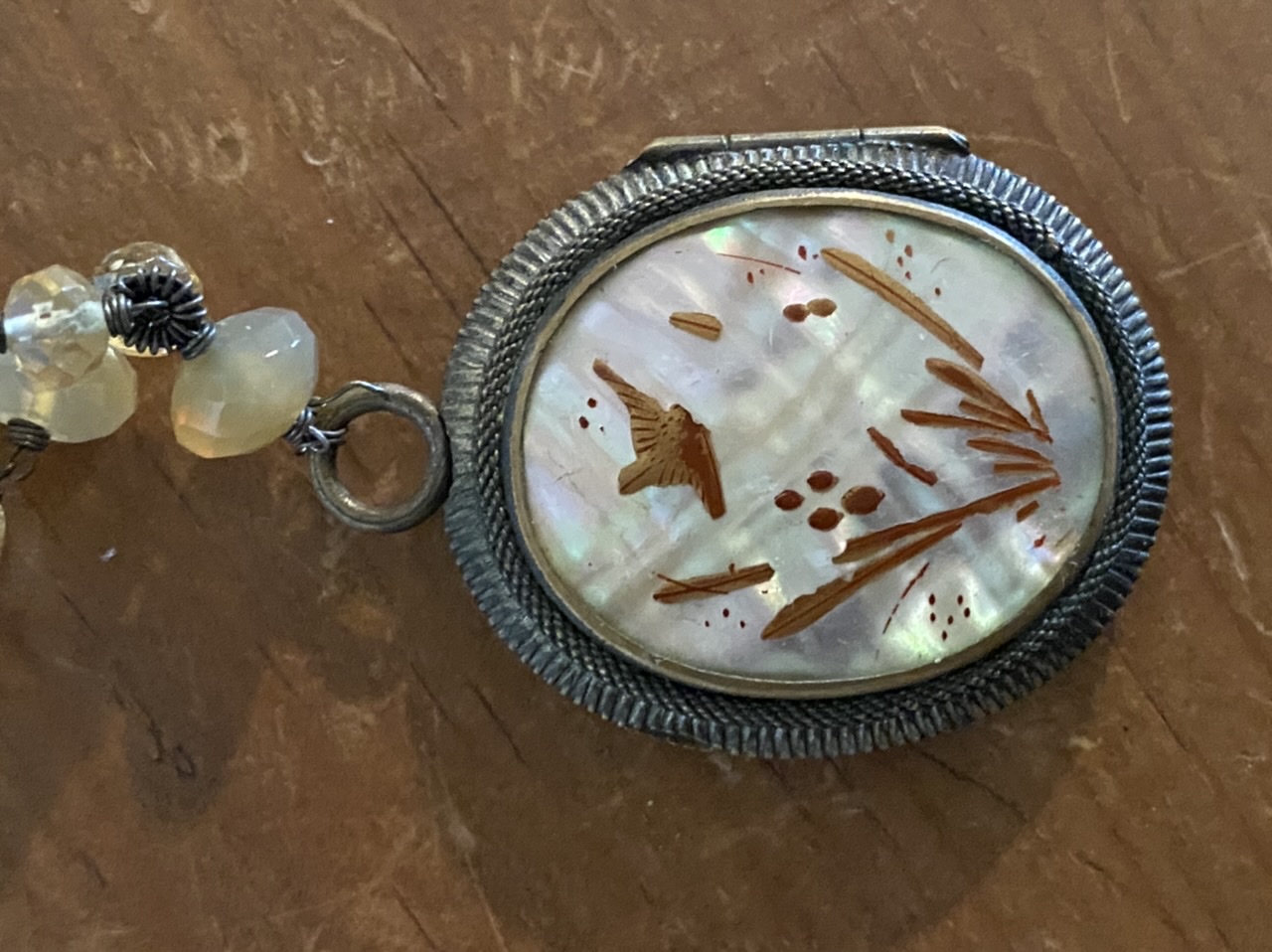 Japanese? Chinese? Damascene on Pearl Locket with stones necklace ...