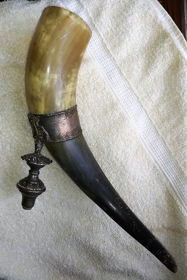 BULL HORN w/SILVER? BAND & INSCRIPTION - FINIAL? TOP OF WESTERN TROPHY ...