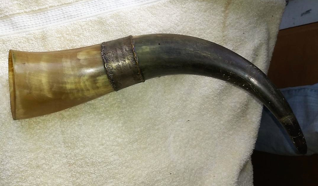 BULL HORN w/SILVER? BAND & INSCRIPTION - FINIAL? TOP OF WESTERN TROPHY ...