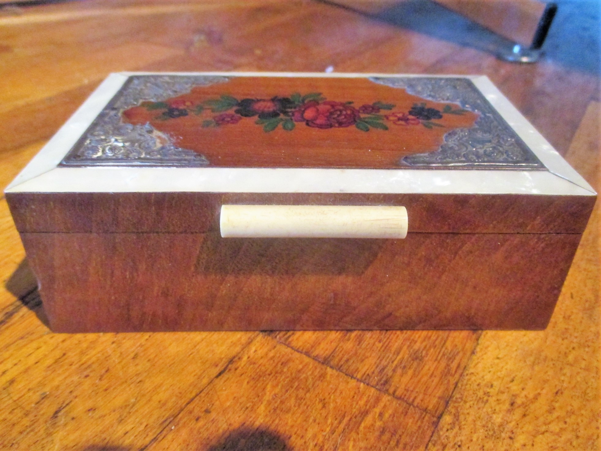 Wood Box-Hand Painted Floral-Ornate Metal Design & Celluloid??..Who ...