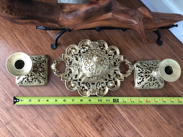 Antique brass ''desk set'' by Tonks & Sons Gothic candlesticks ...