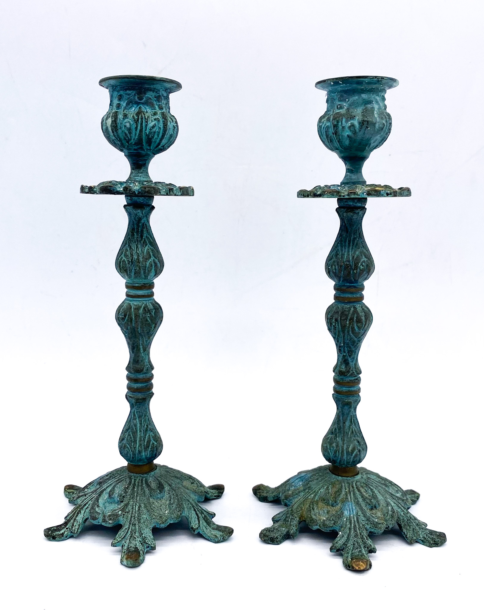 Greek Turquoise Verdigris Brass candlesticks | Antiques Board