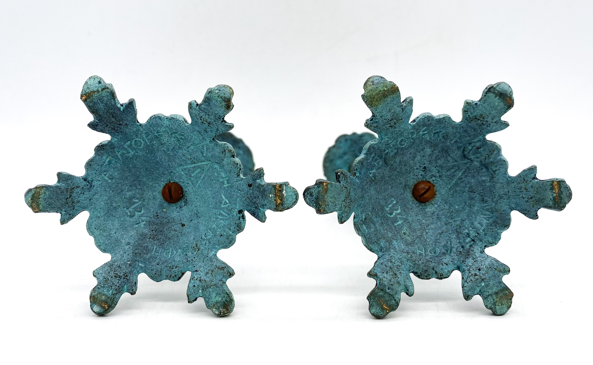 Greek Turquoise Verdigris Brass candlesticks | Antiques Board