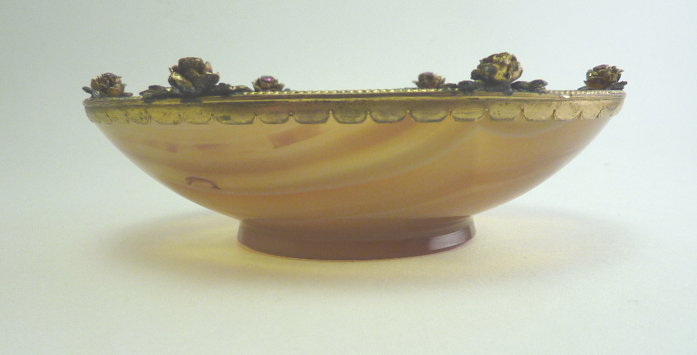 Small agate/onyx (?) dish with metal rim set w/ faceted stones ...