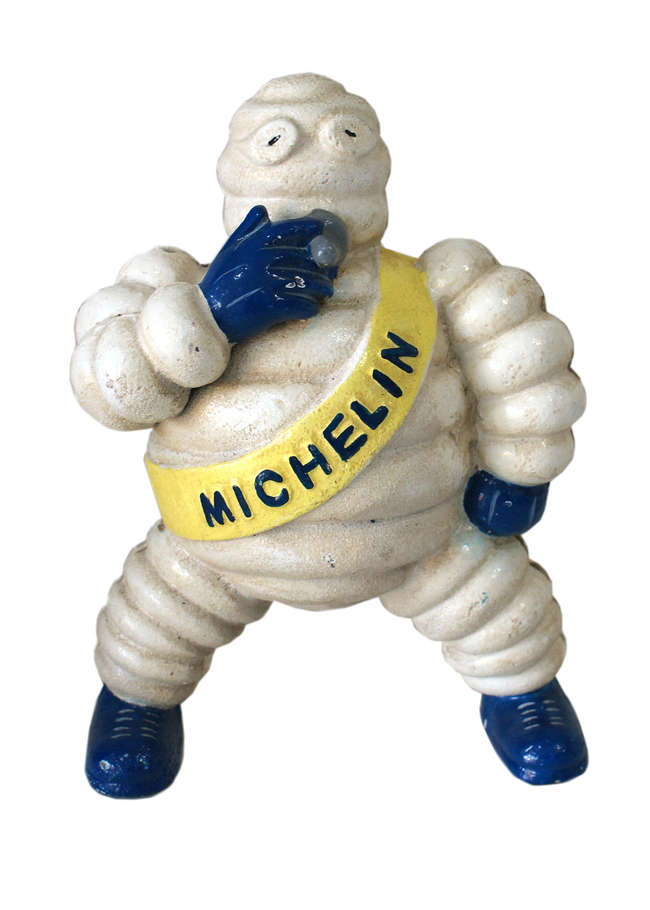 Vintage MICHELIN MAN Bibendum cast aluminium 14" 35cm crouching smoking ...